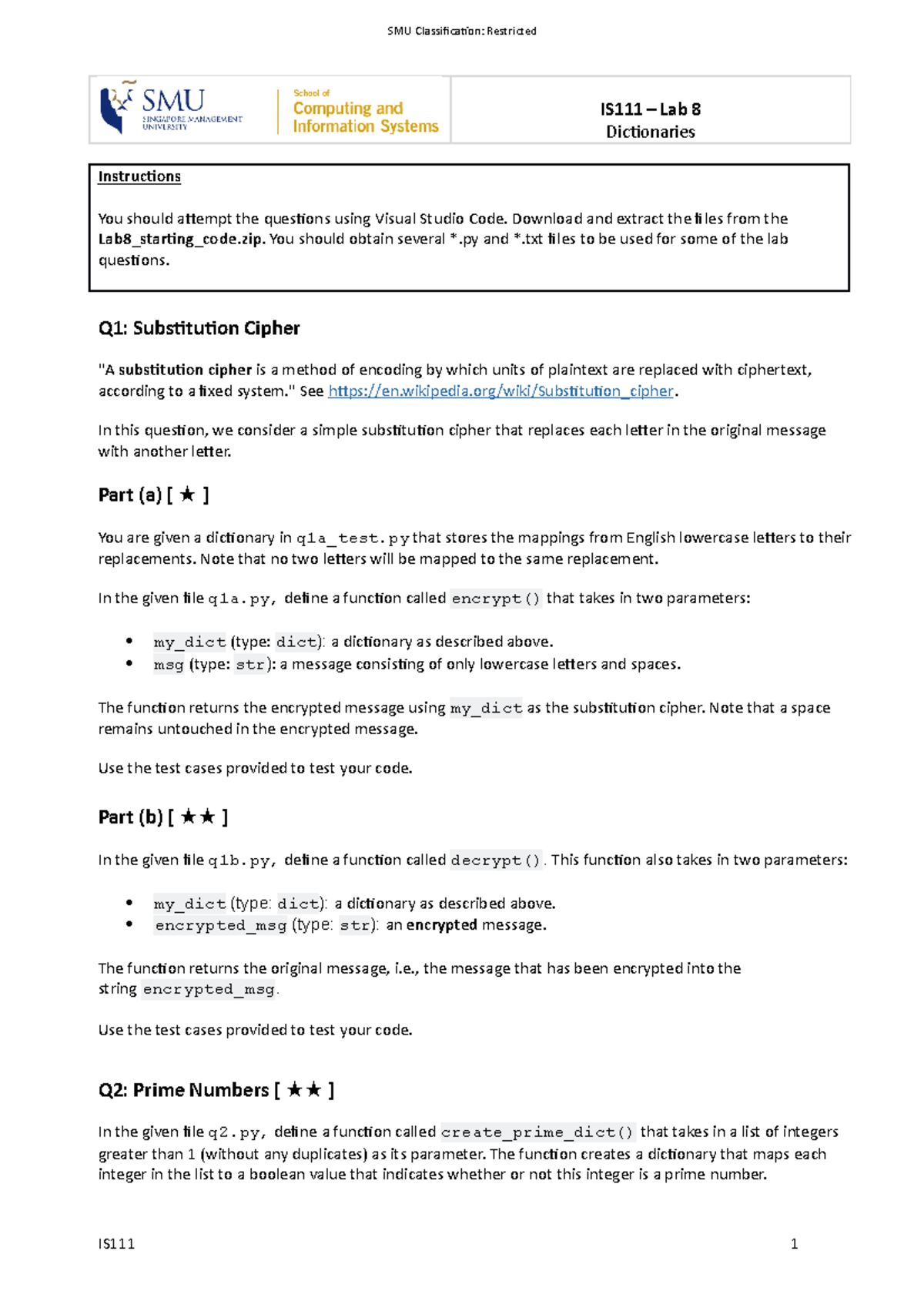 Lab 8 Dictionaries Lab Exercise Is111 Lab 8 Dictionaries Instructions You Should Attempt