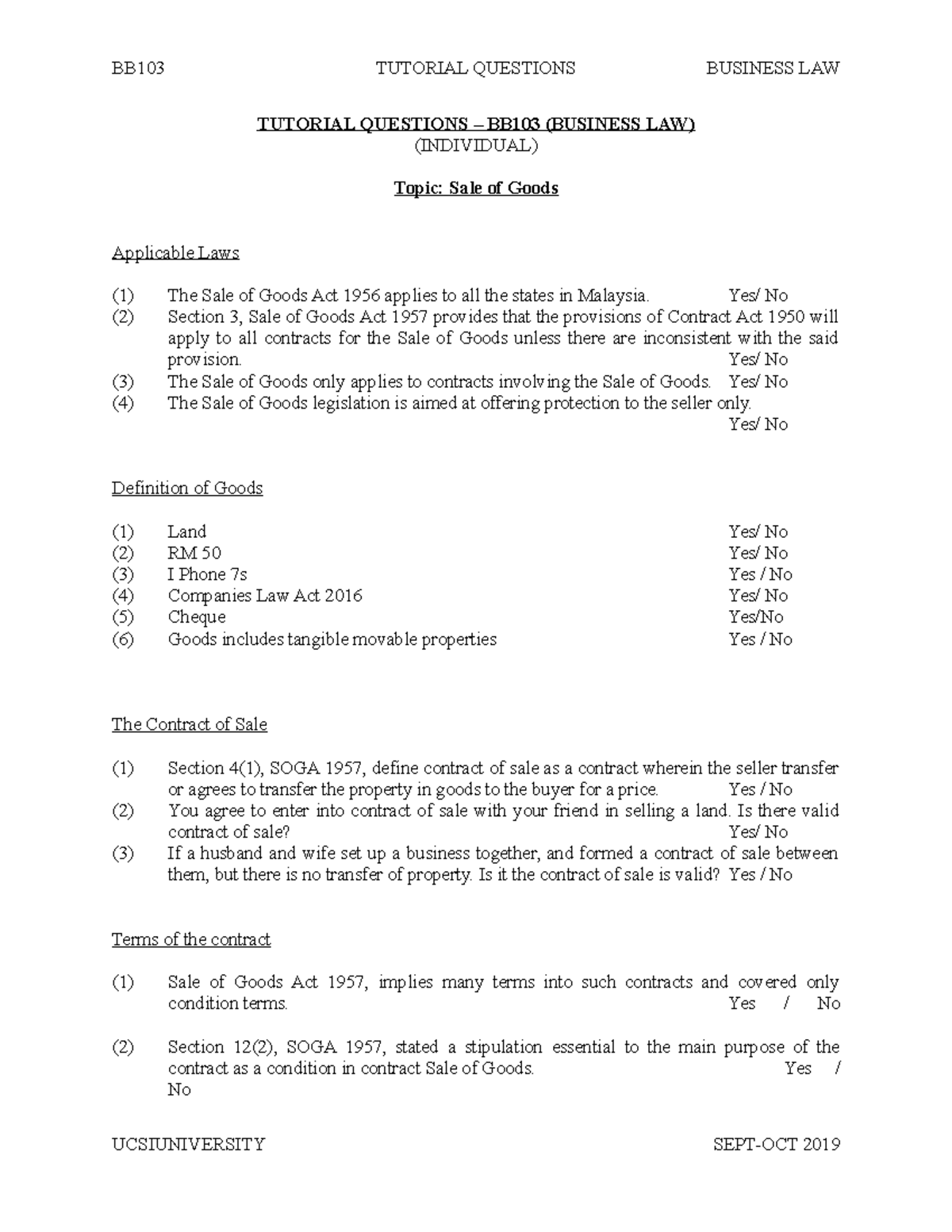 Tutorial 2 - Contract for Sale of Goods - BB103 TUTORIAL QUESTIONS ...