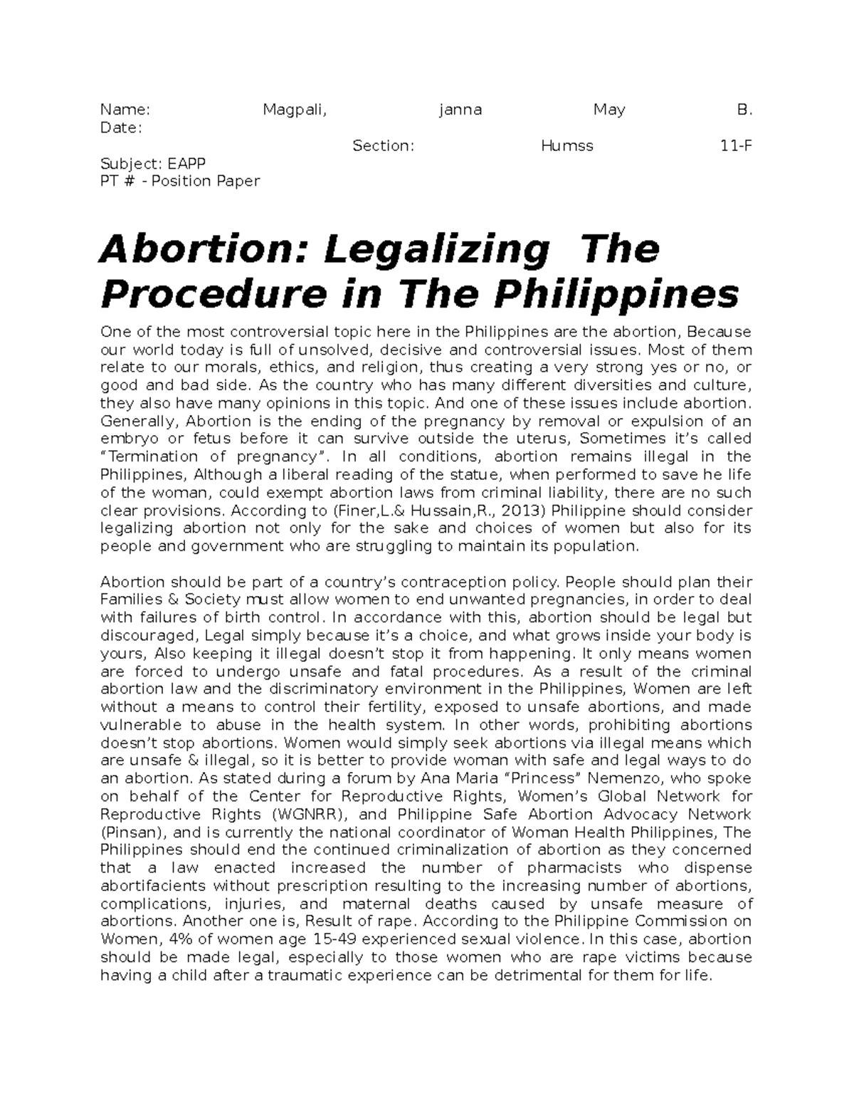 Position paper, Abortion - Name: Magpali, janna May B. Date: Section ...