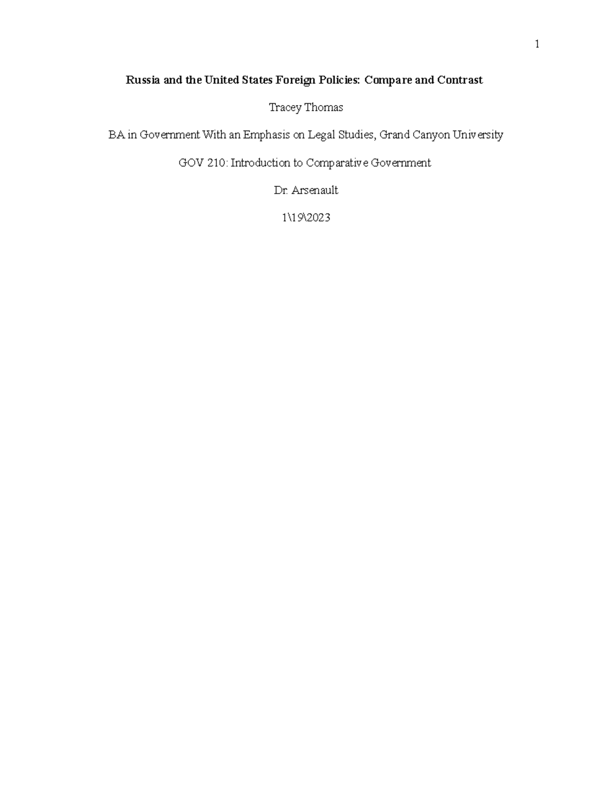 GOV 210 Benchmark Essay compare and contrast - Russia and the United ...