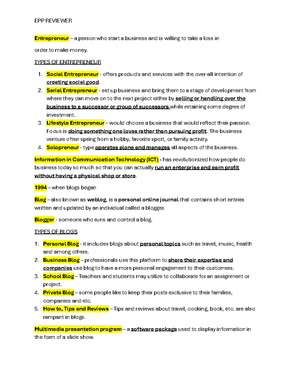 EPP Reviewer M1 - EPP REVIEWER Entrepreneur – a person who start a ...