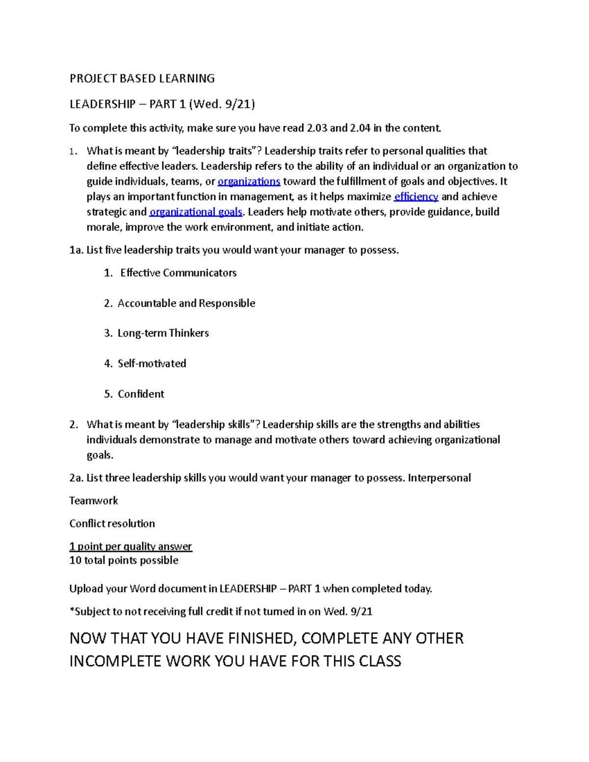 Leadership - Part 1 - PROJECT BASED LEARNING LEADERSHIP – PART 1 (Wed ...