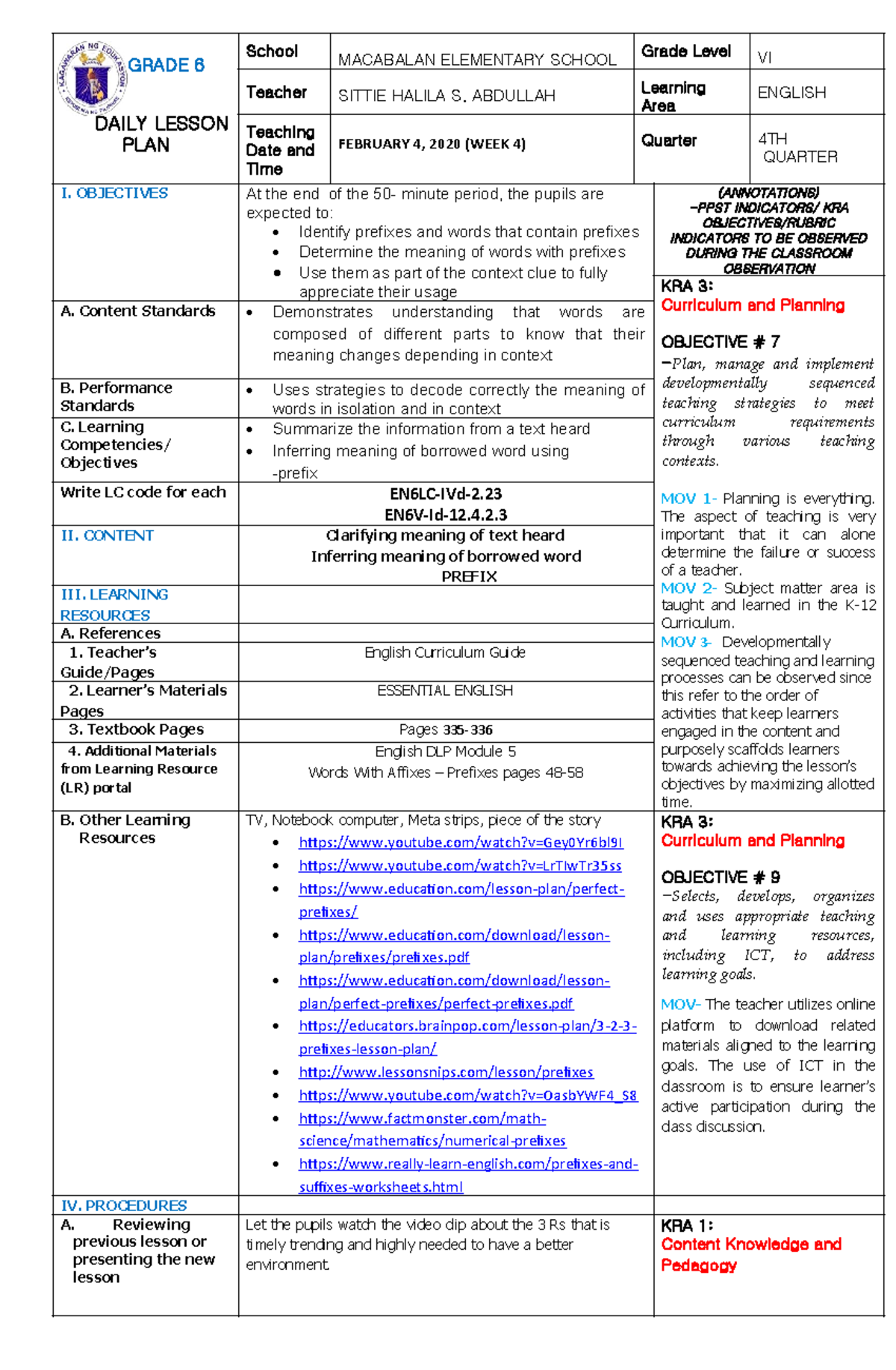 Ilide - GRADE 6 DAILY LESSON PLAN School MACABALAN ELEMENTARY SCHOOL ...