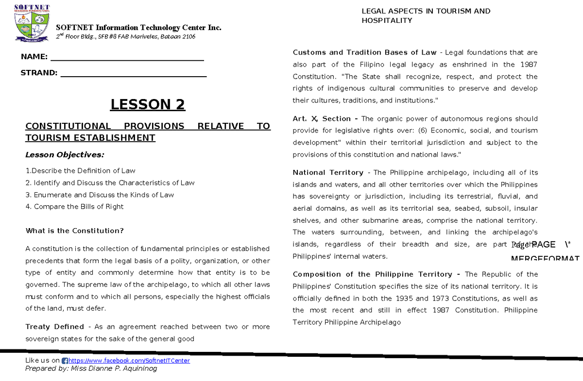 Legal Aspects Lesson 2 - Page PAGE * MERGEFORMAT 8 HOSPITALITY SOFTNET ...