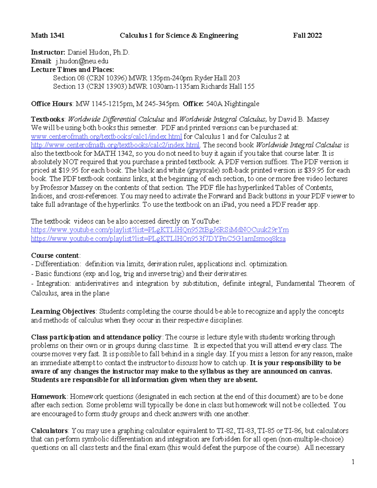 MATH 1341 Syllabus - Professor James Hudon - Math 1341 Calculus 1 for ...