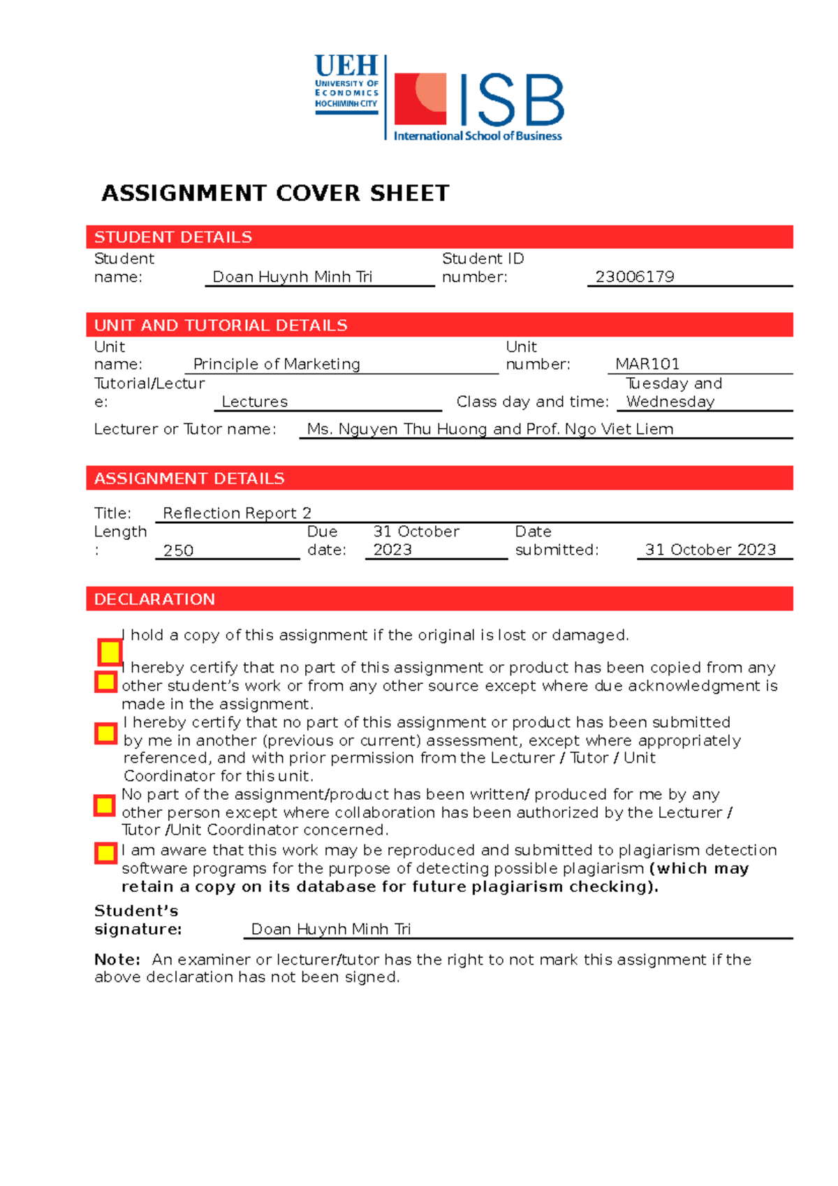 Reflection Report 2 - principle of marketing - ASSIGNMENT COVER SHEET ...