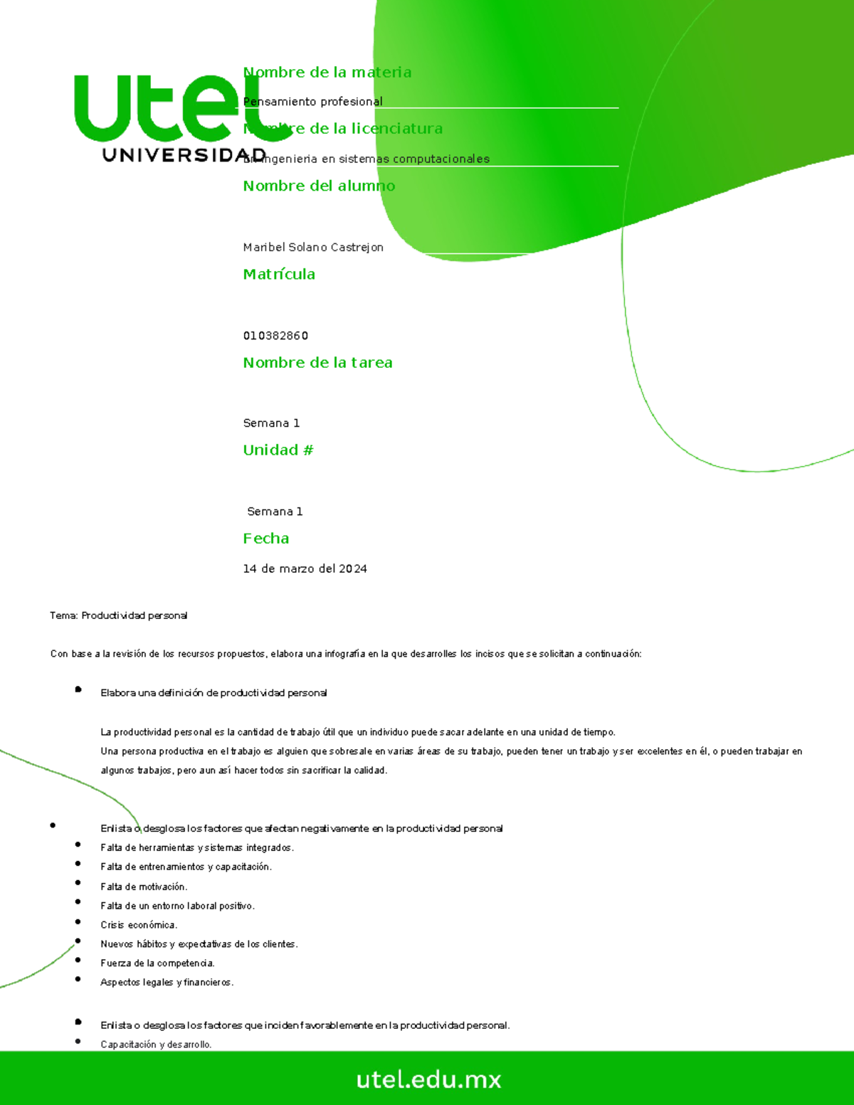 UTEL Tarea 1 - PENSAMIENTO PROFESIONAL TALLER DE TITULACION - Nombre de ...