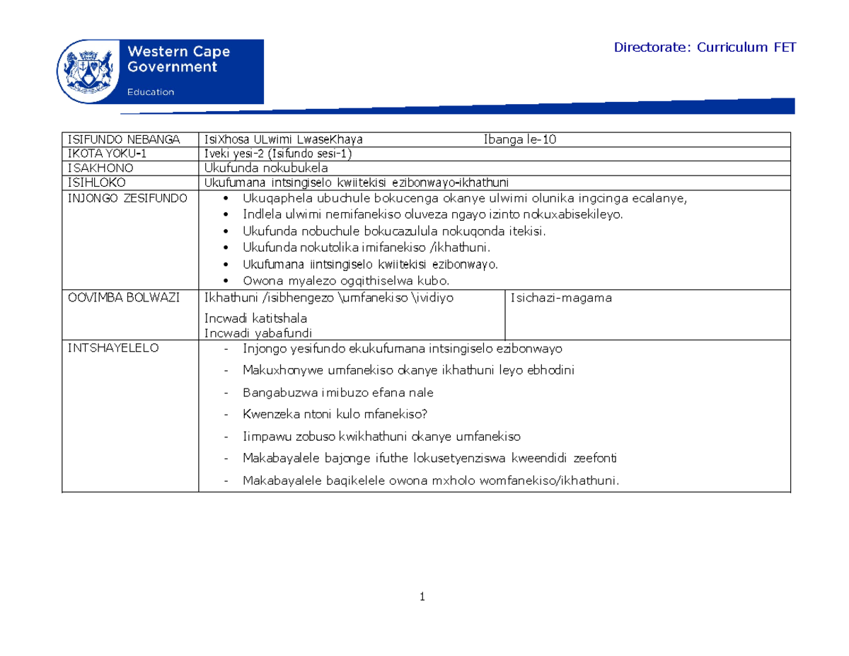Isi Xhosa HL Grade 10 Term 1 Week 2 2021 - Directorate: Curriculum FET ...