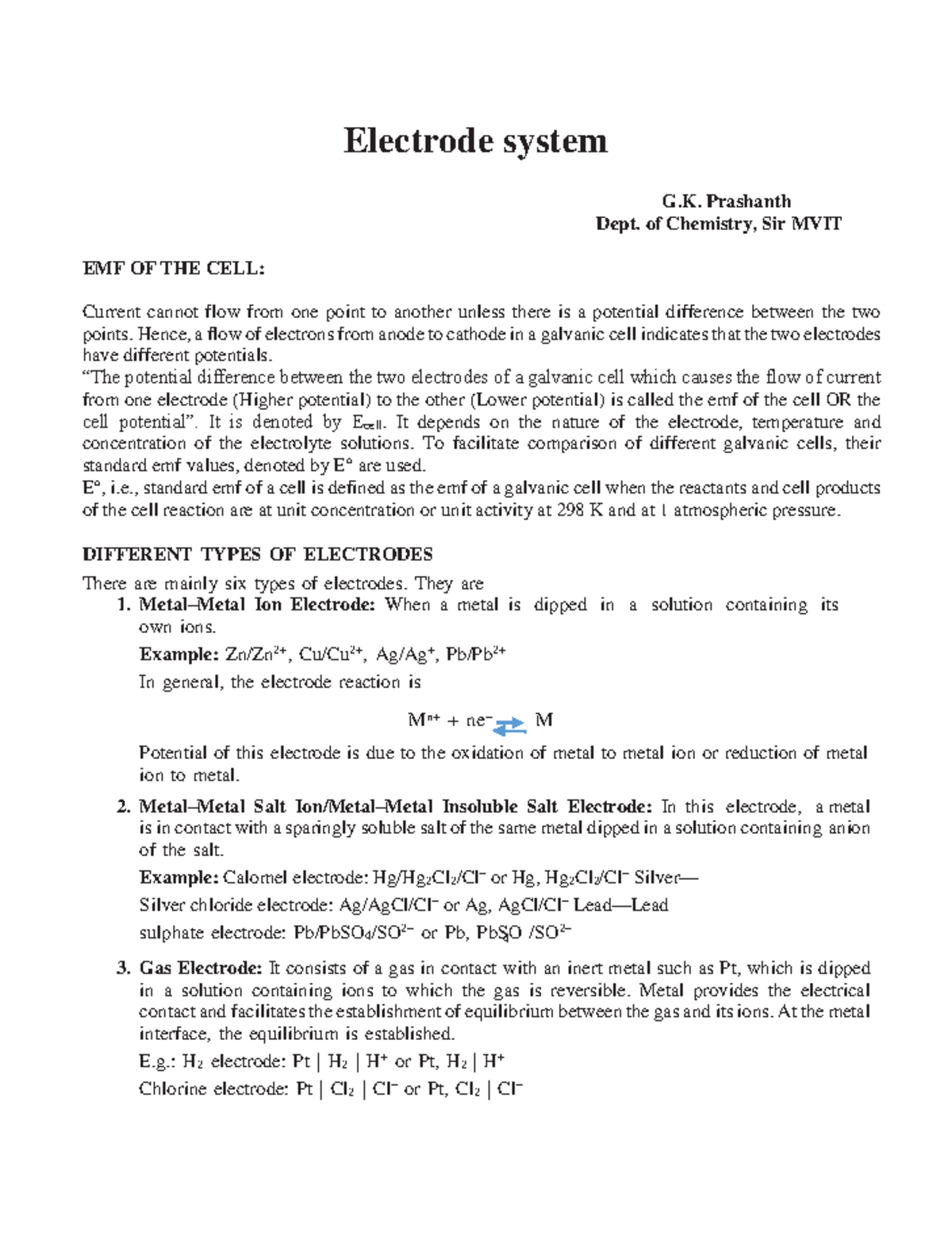 Electrode System - CHEMISTRYH NOTES - 4 Electrode system G. Prashanth ...