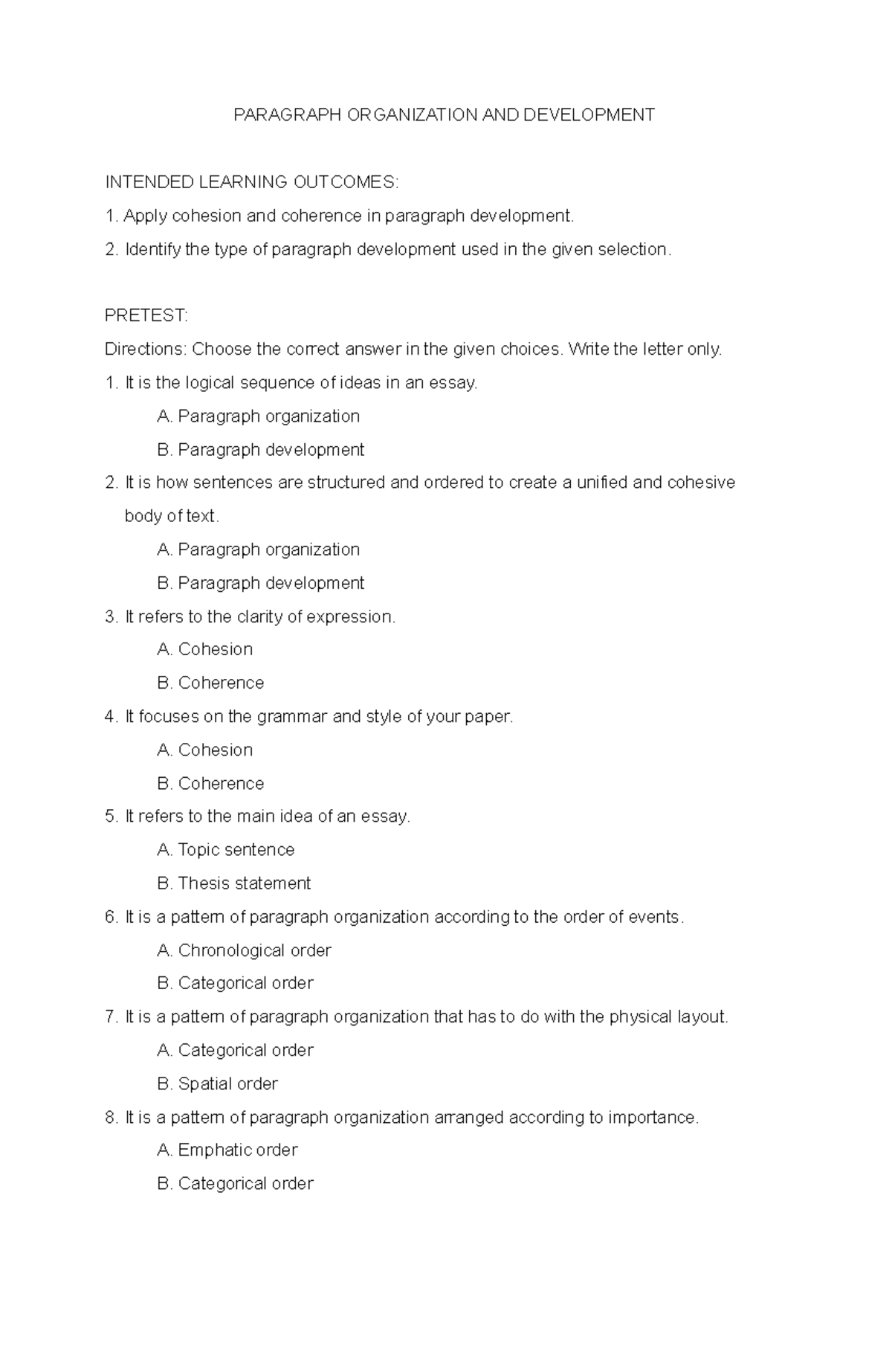 Paragraph Organization AND Development - PARAGRAPH ORGANIZATION AND ...