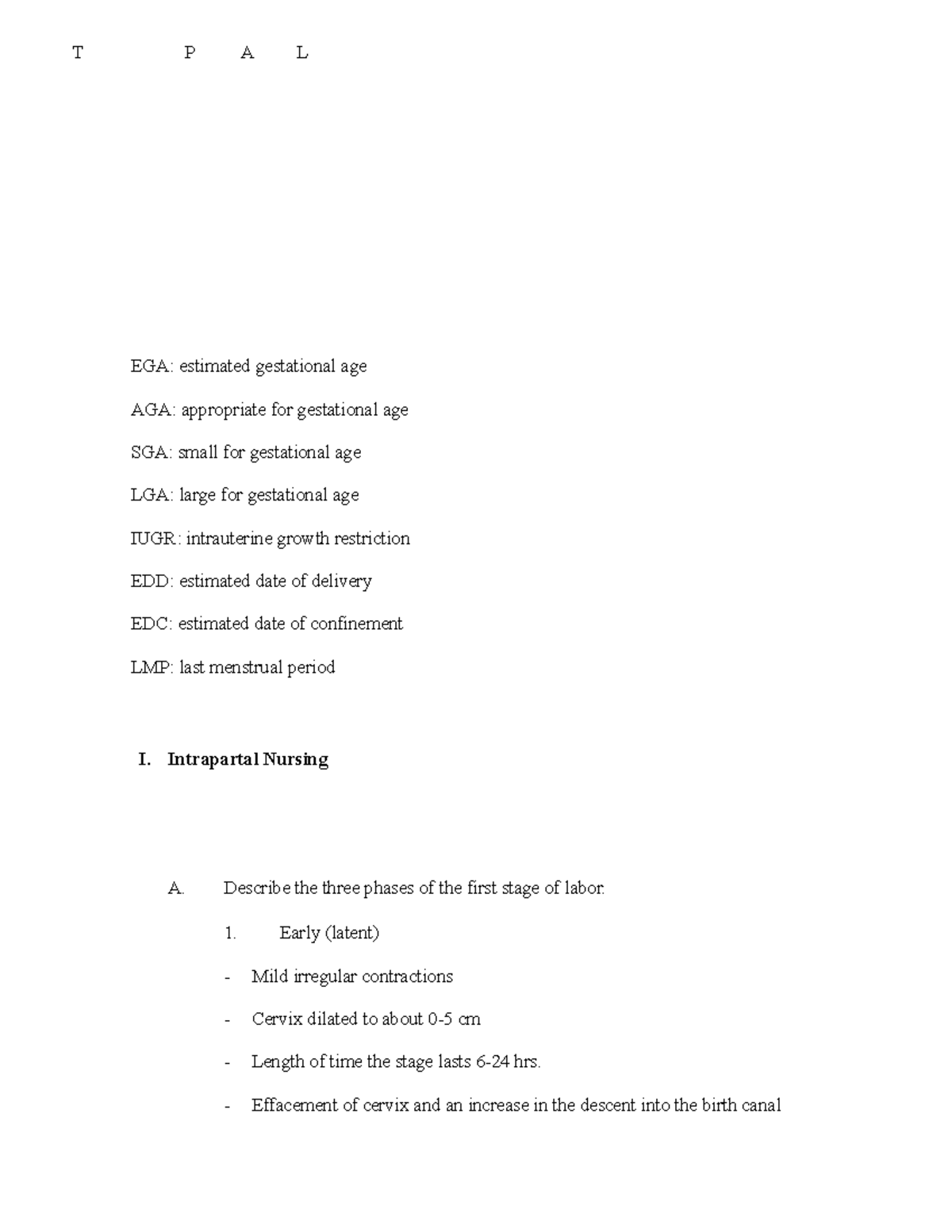 Lab 1 perinatal guidlines - T P A L EGA: estimated gestational age AGA ...