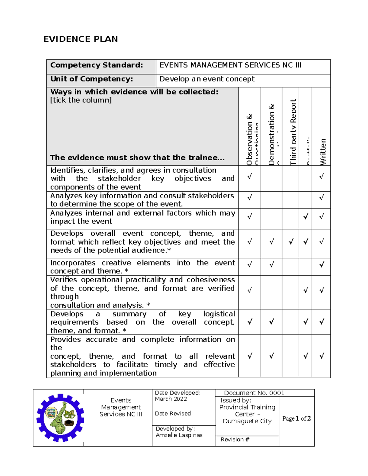 Evidence Plan Laspinas - EVIDENCE PLAN Competency Standard: EVENTS ...