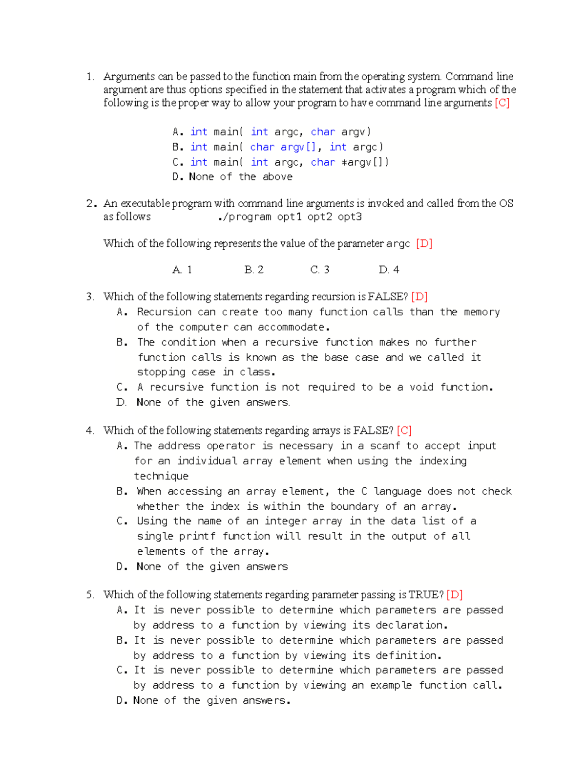 ENGG1410 Sample Final Questions With Solution - 1. Arguments can be passed to the function main ...