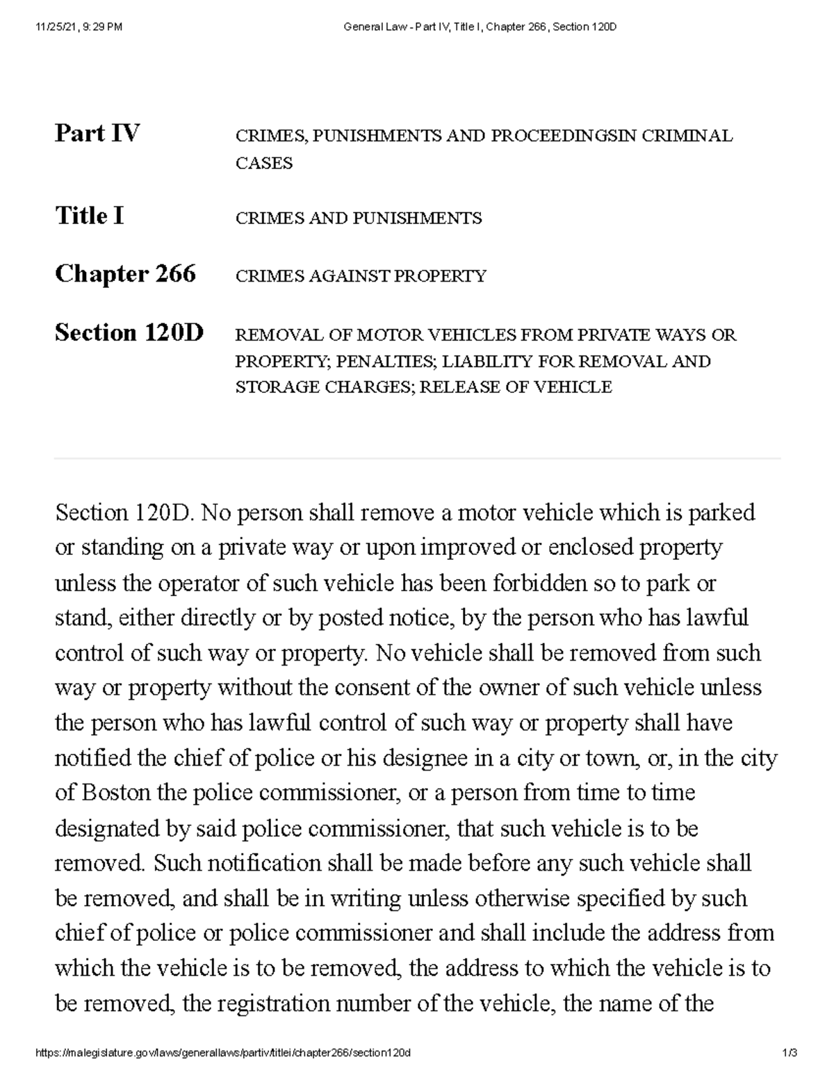 General Law - Part IV, Title I, Chapter 266, Section 120D - No person shall remove a motor ...