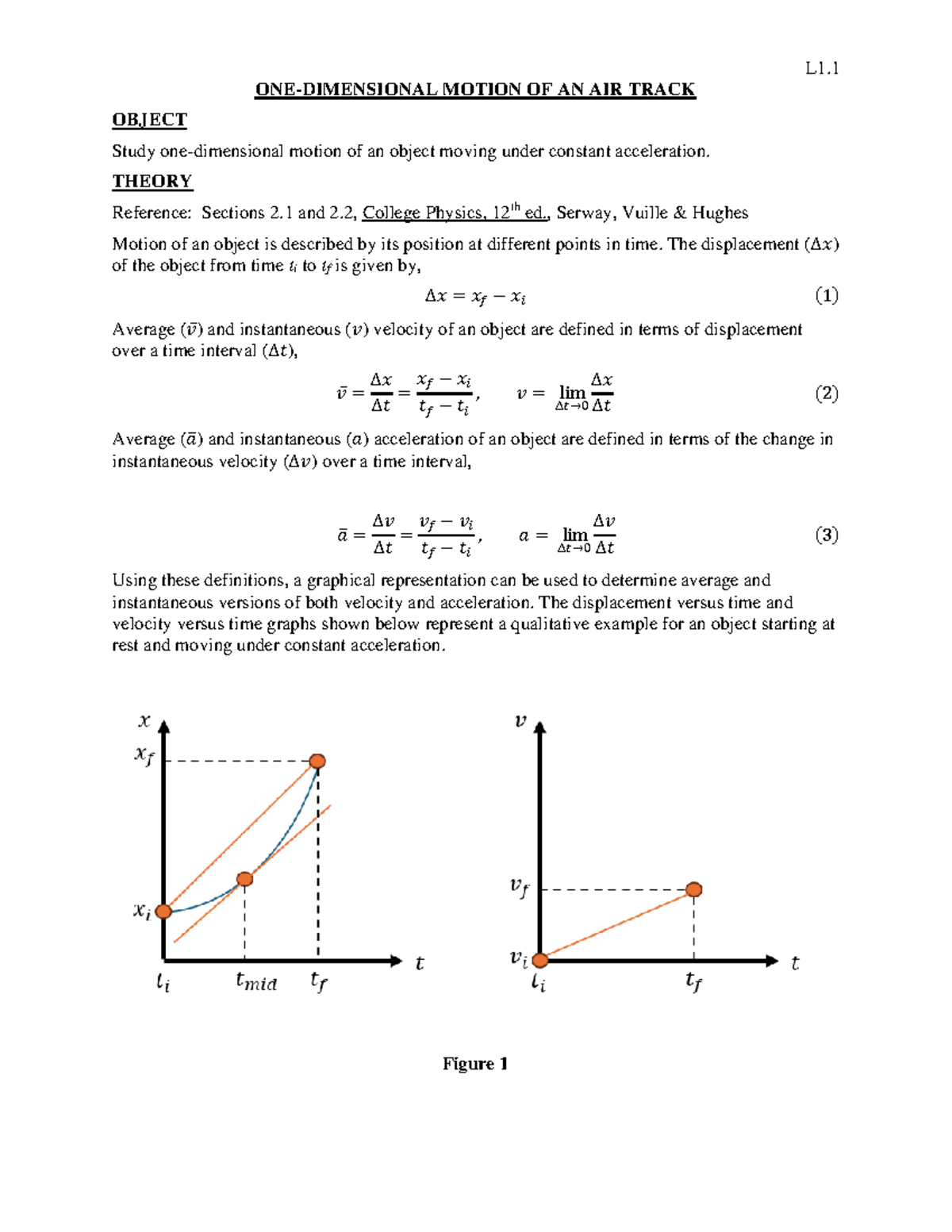 Physics Lab manual- one dimensional motion - L1. 1 ONE-DIMENSIONAL ...