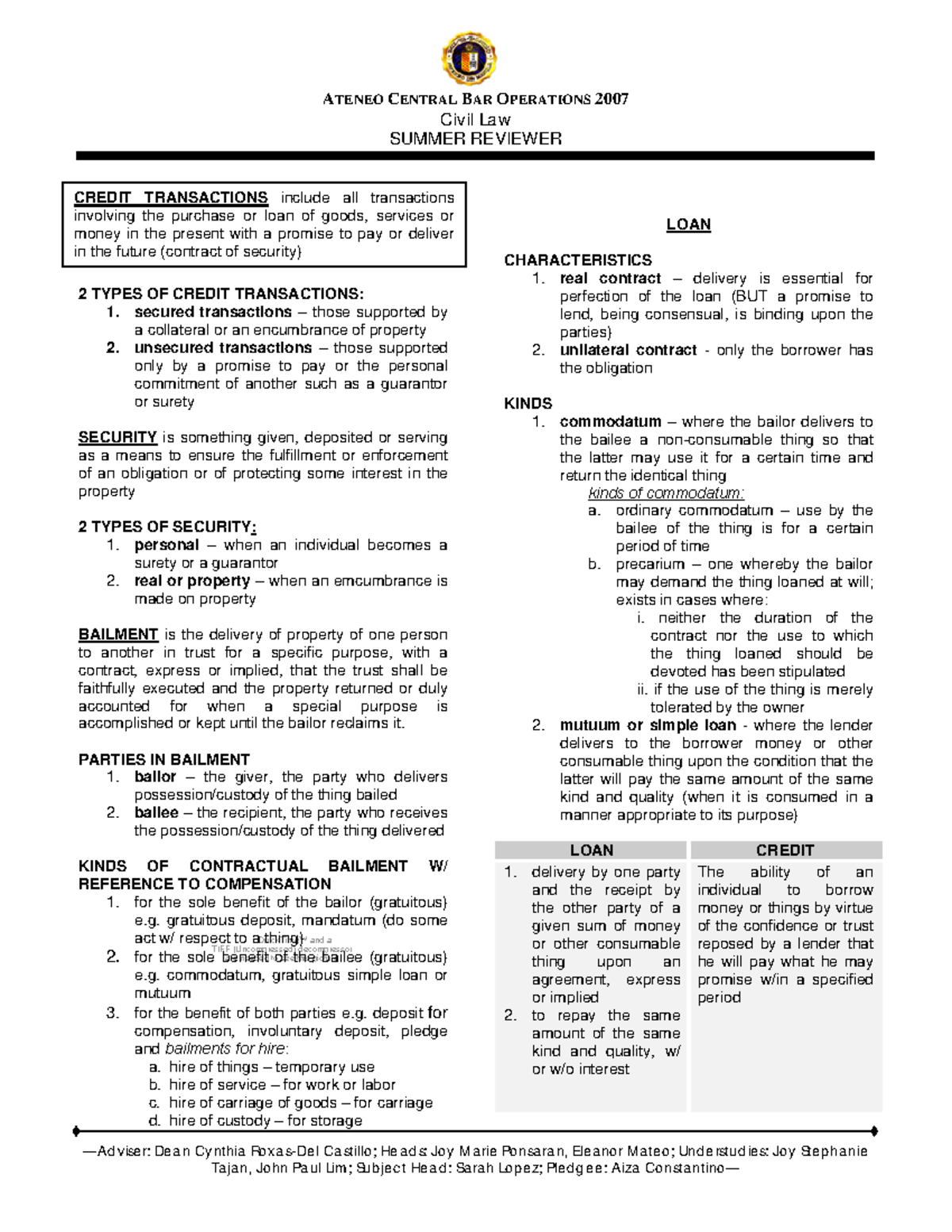 Ateneo Central Bar Operations 2007 Civil Law Credit Transactions Summer ...
