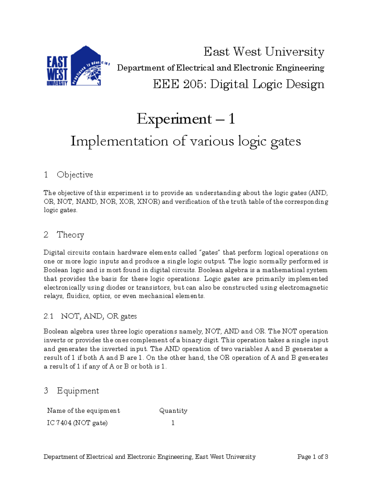 EEE 205; Experiment - 1; Implementation of various logic gates ...