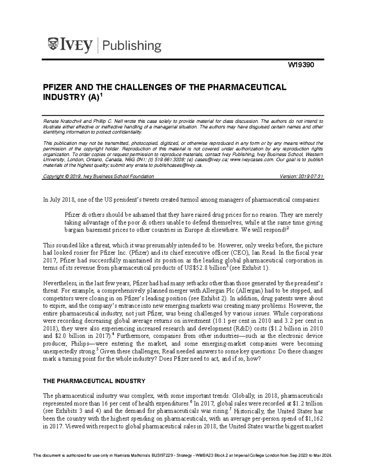 Pfizer case study - Case Studies - i1v2e5y5pubs W PFIZER AND THE CHALLENGES OF THE ...