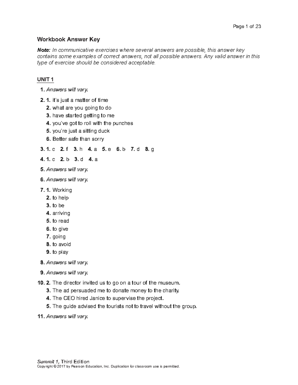 Summit 1 Work Book Answer Key Summit 1 Third Edition Workbook Answer