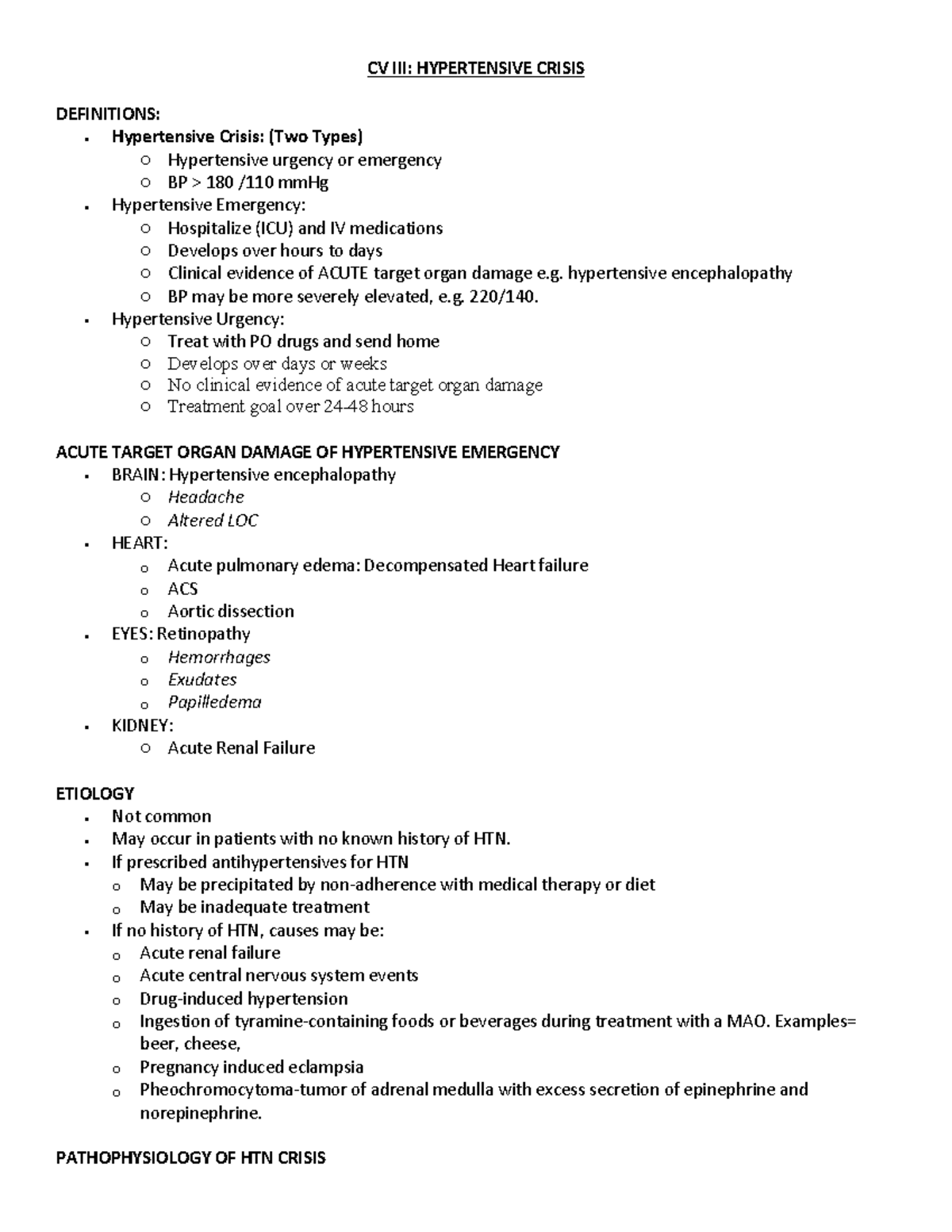 Hypertensive Crisis (1) - CV III: HYPERTENSIVE CRISIS DEFINITIONS ...