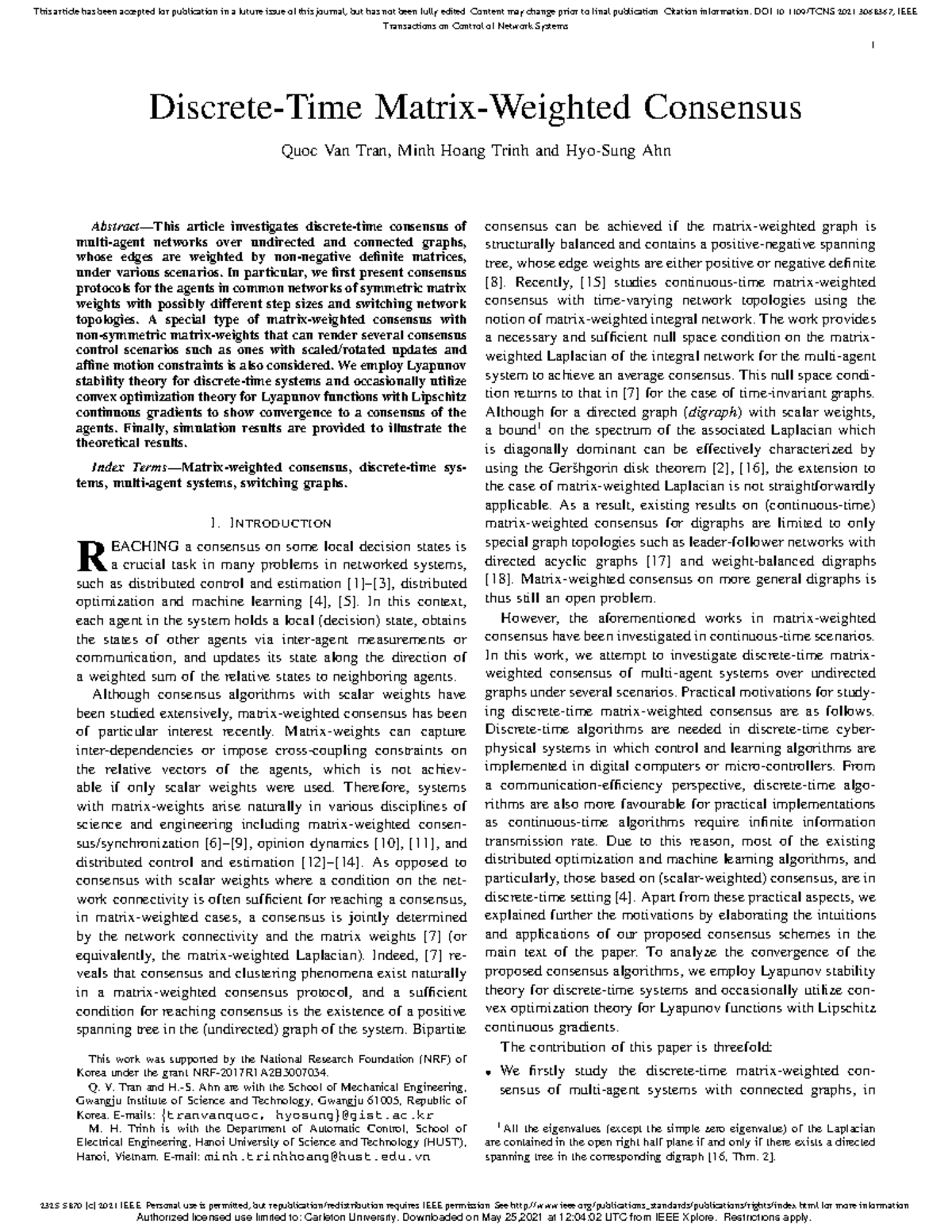 1. Discrete-Time Matrix-Weighted Consensus - 2325-5870 (c) 2021 IEEE ...