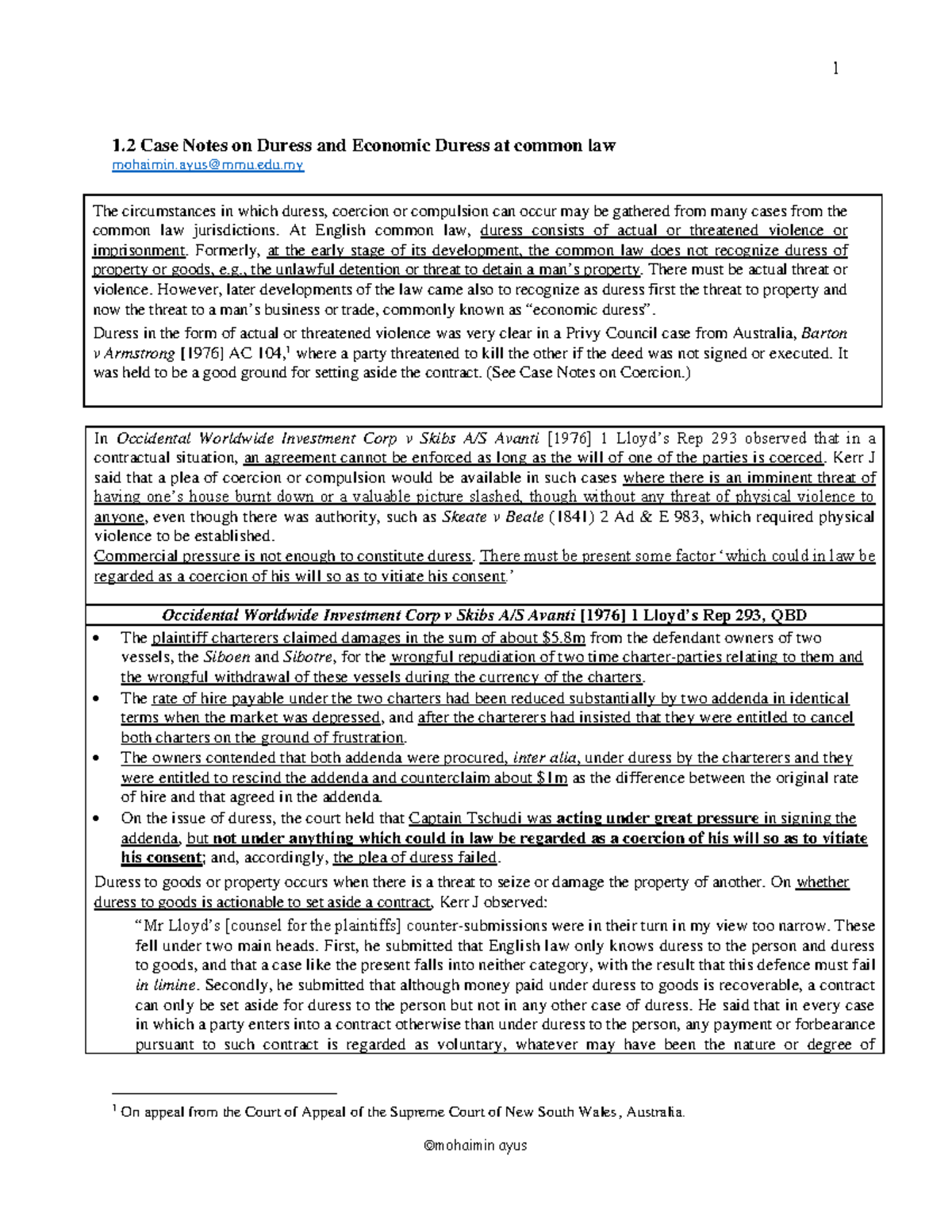 1.2 Case notes on Duress & Eco Duress at common law - 1 Case Notes on ...