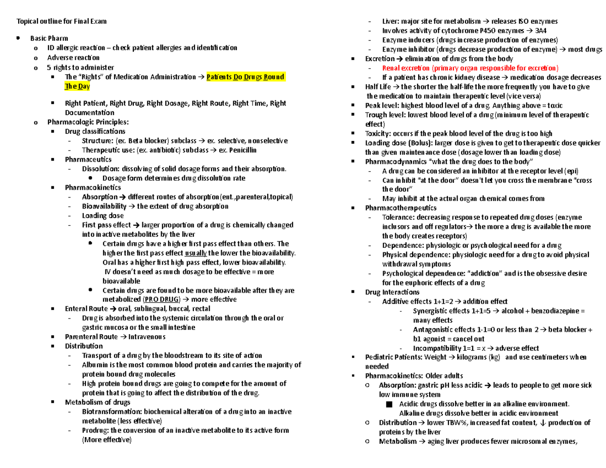 Pharmacology topical outline for HESI - Topical outline for Final Exam ...