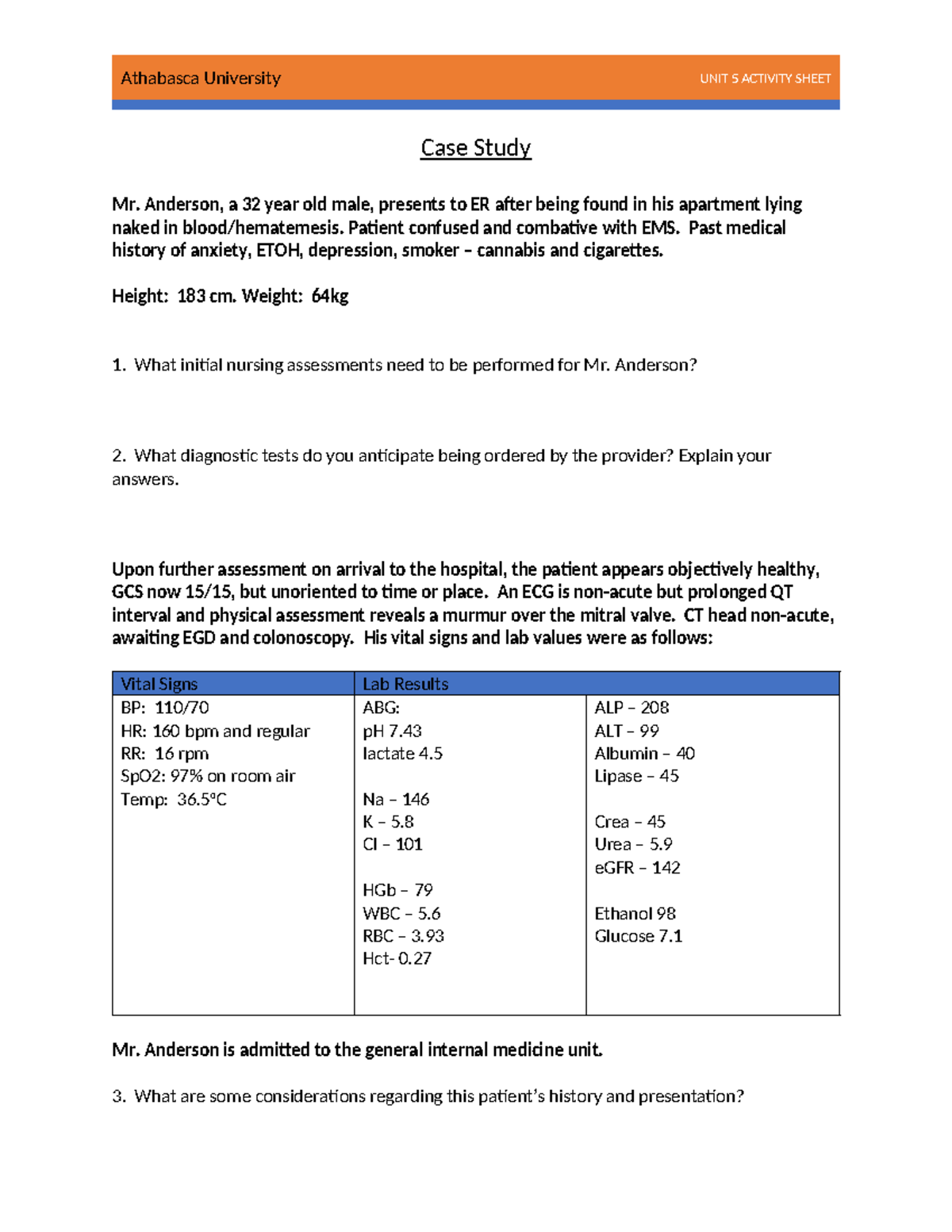 Activity Sheet- GI - Case Study Mr. Anderson, a 32 year old male ...