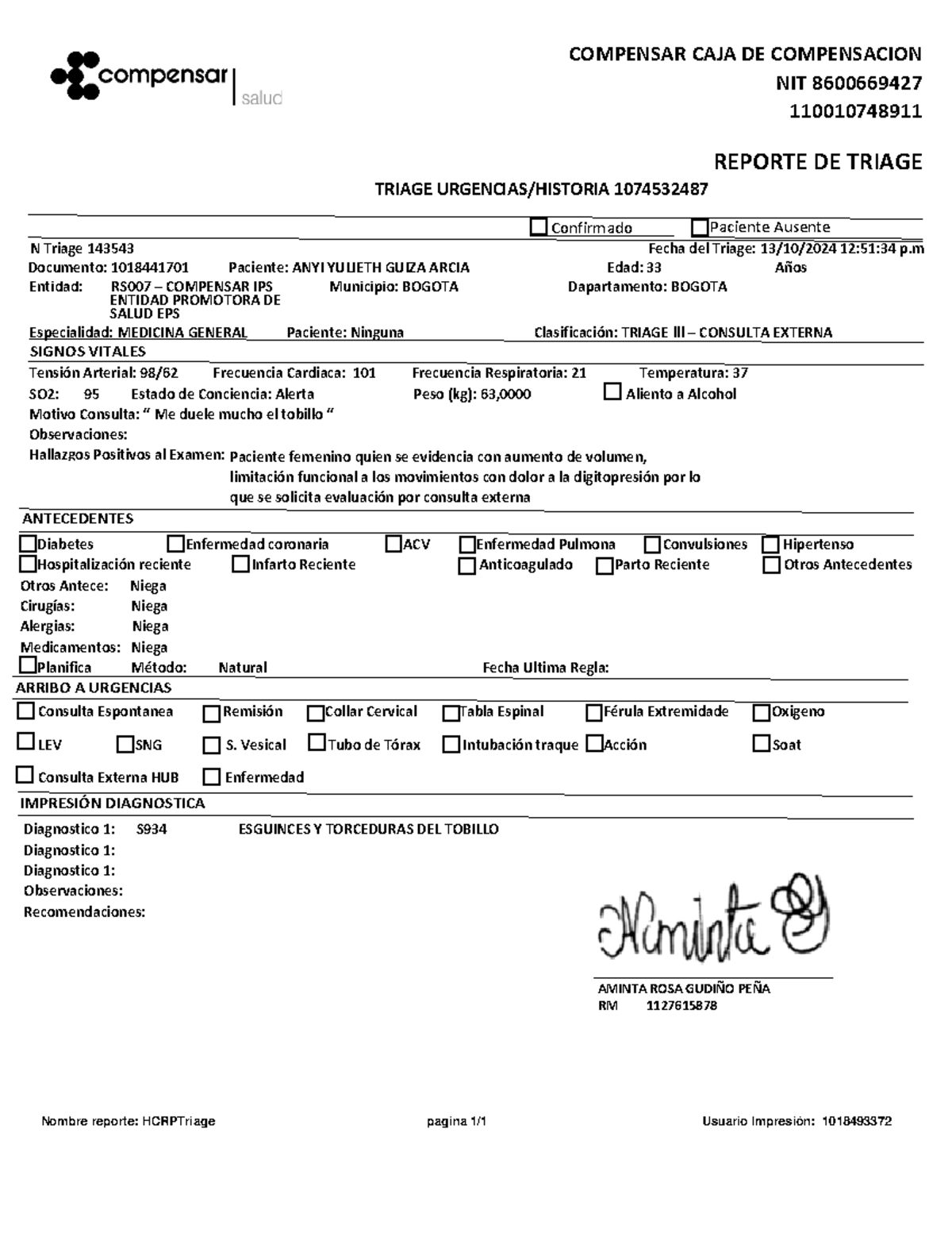 Triage Compensar 1510 - asasasas - COMPENSAR CAJA DE COMPENSACION NIT ...