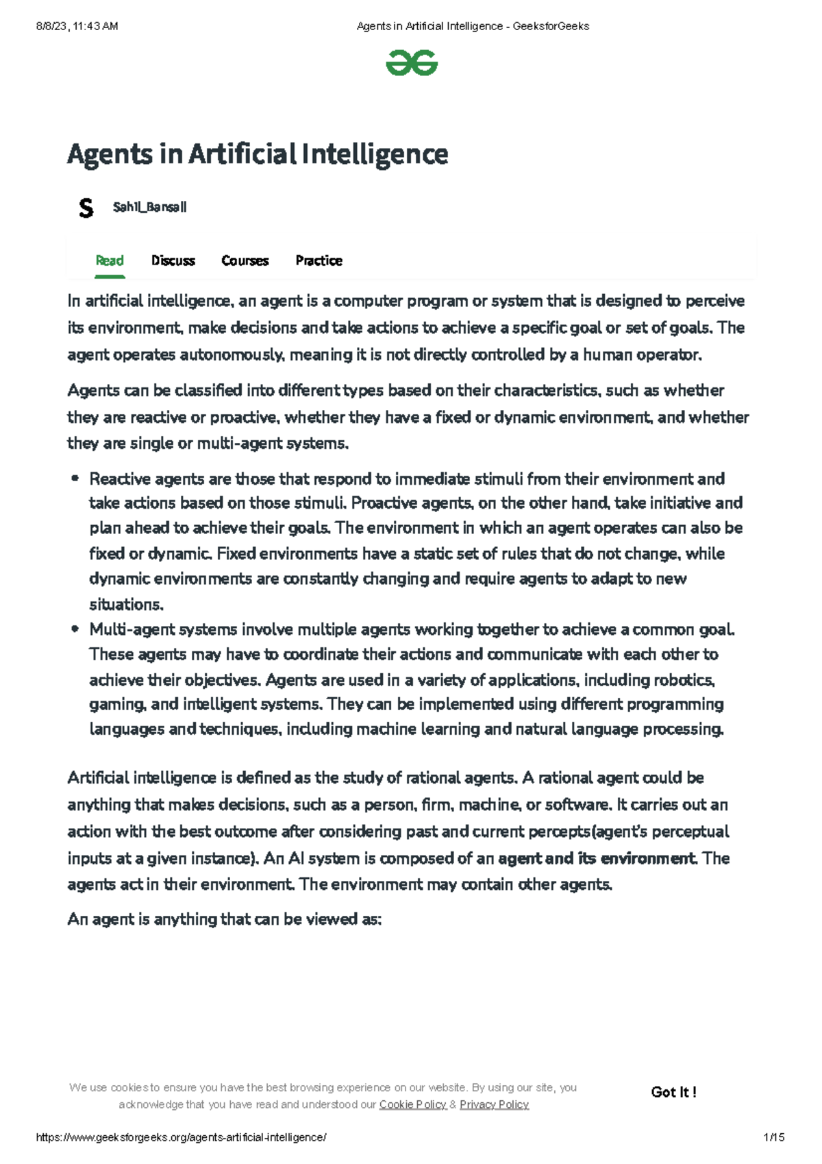 Agents in Artificial Intelligence - Read Discuss Courses Practice In ...