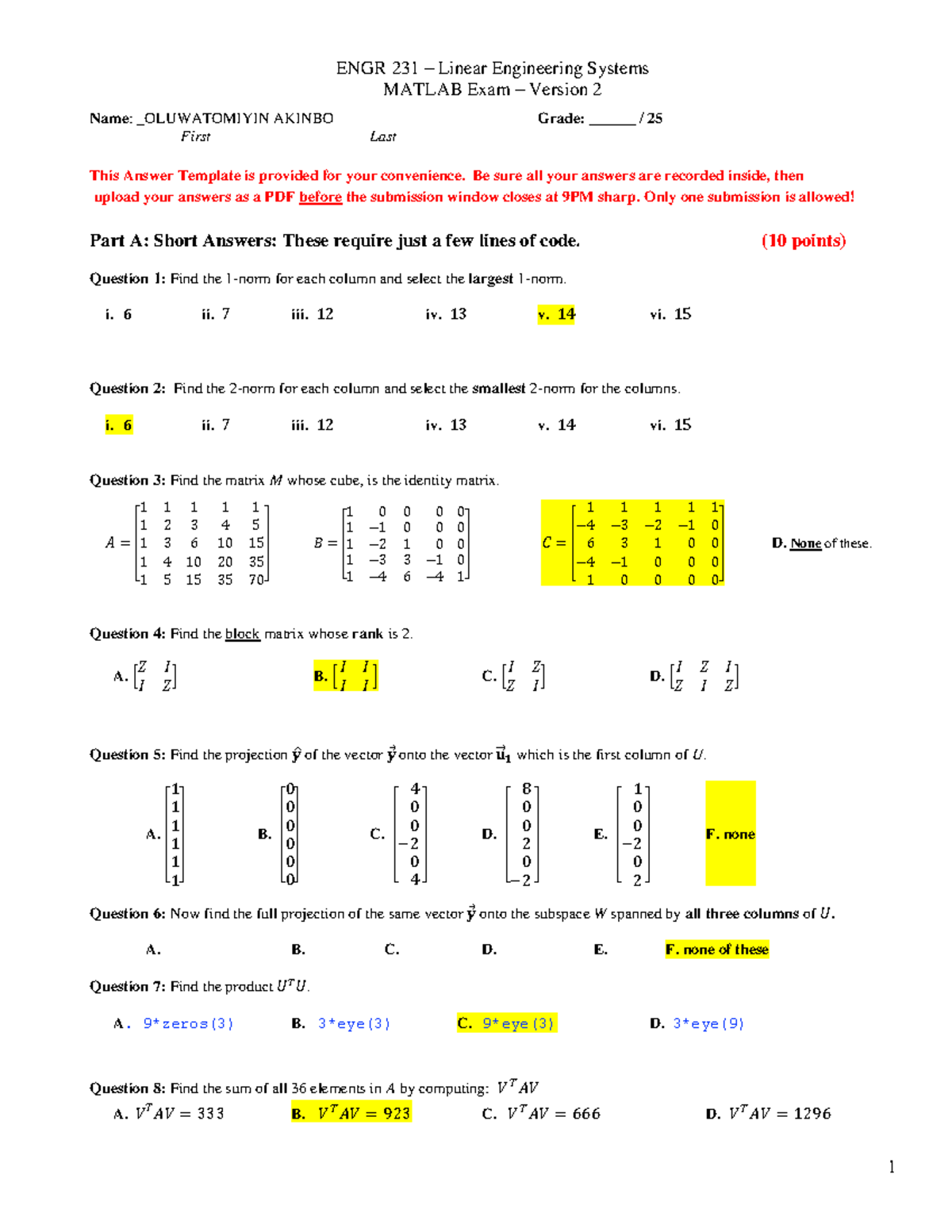 Answer Template Version 2 - MATLAB Exam – Version 2 Name ...