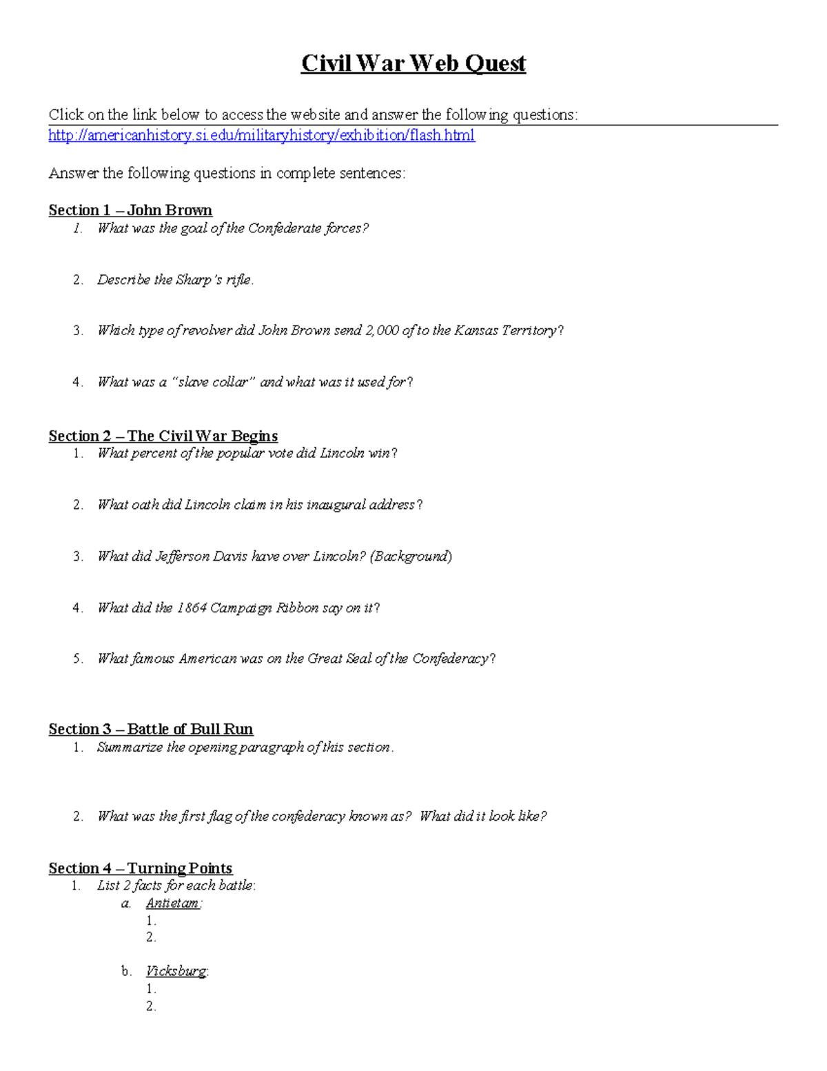 Civil War Webquest 3 - a we que st - Civil War Web Quest Click on the ...