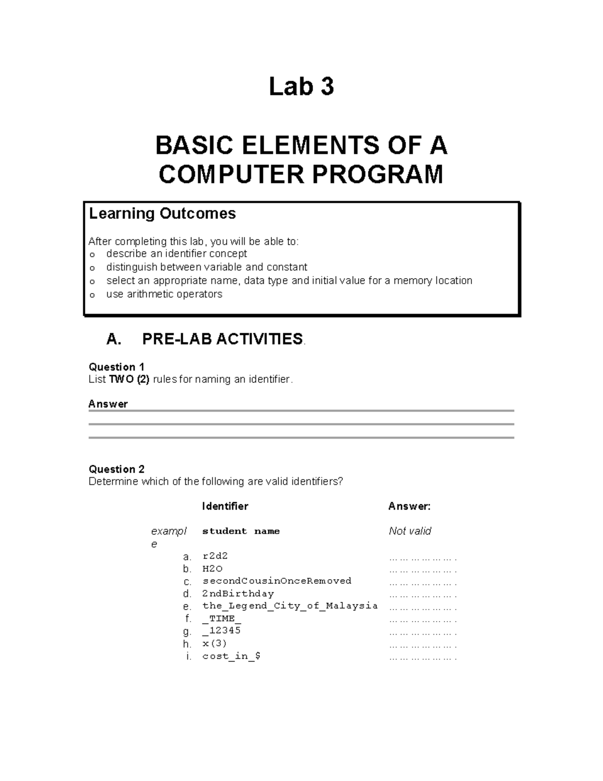 Lab 3 - Basic Elements - Lab 3 BASIC ELEMENTS OF A COMPUTER PROGRAM Learning Outcomes After ...