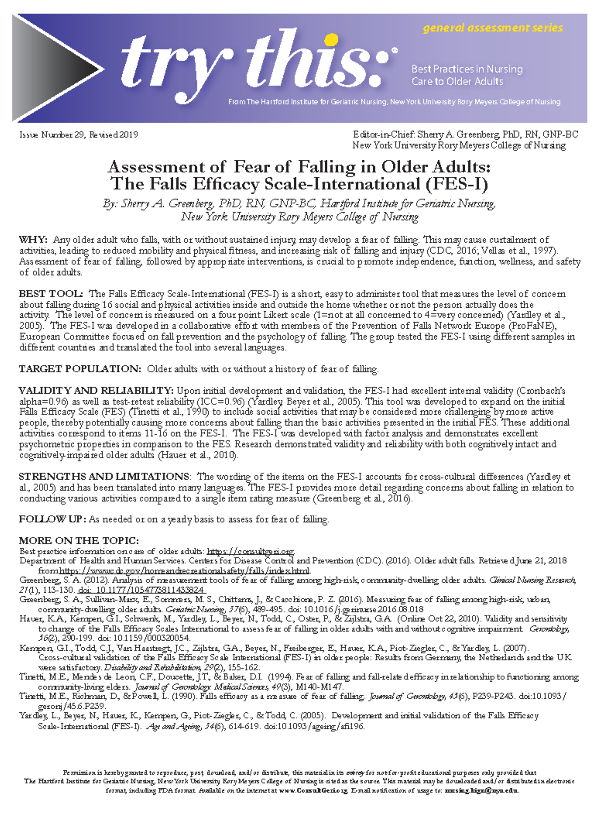 FES-I-Falls Efficacy Scale - From The Hartford Institute for Geriatric ...