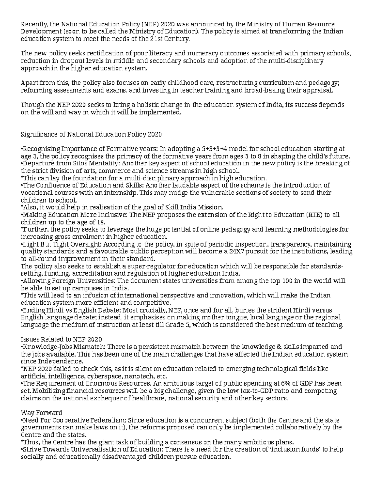 NEP 2020 - New Ed. Policy 2020 - Recently, the National Education ...