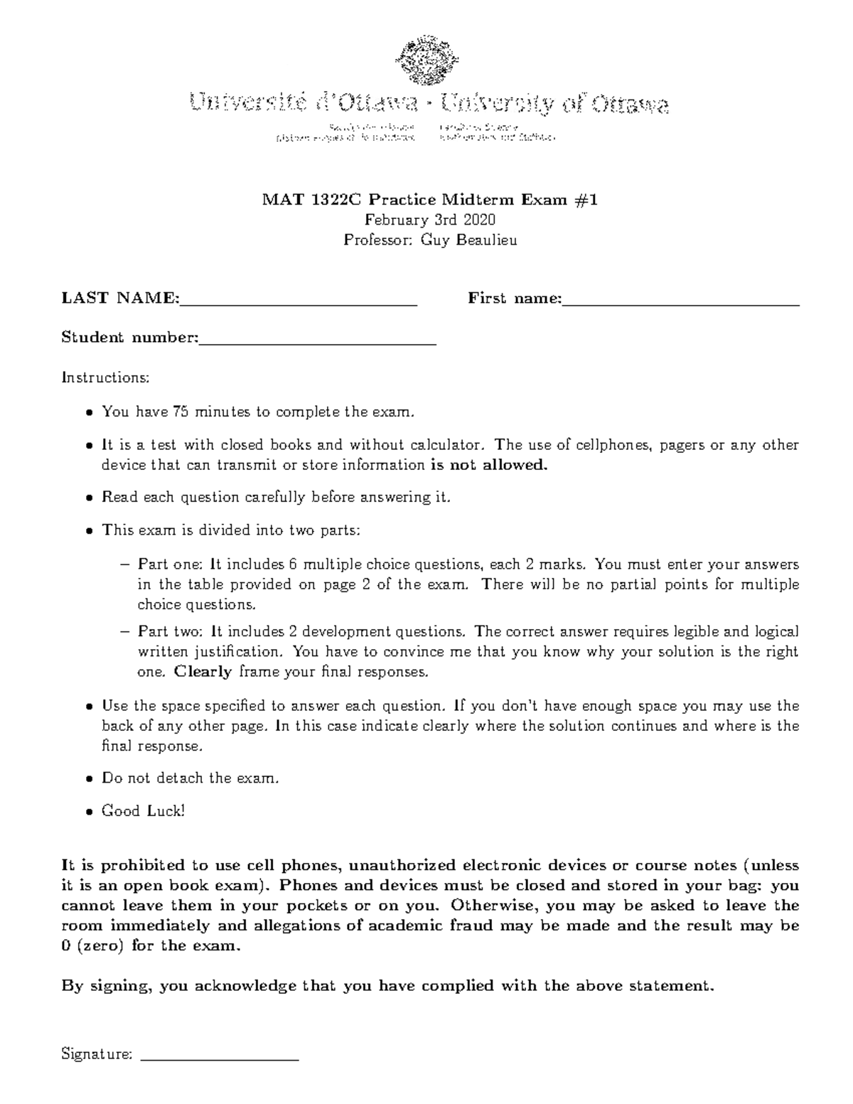 Midterm 1 2019, questions - MAT 1322C Practice Midterm Exam # February ...