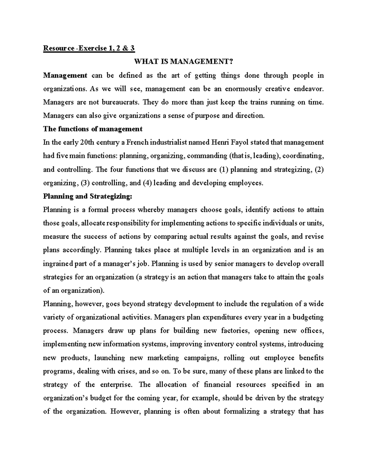 Management u1 - ewewe - Resource - Exercise 1, 2 & 3 WHAT IS MANAGEMENT? Management can be - Studocu