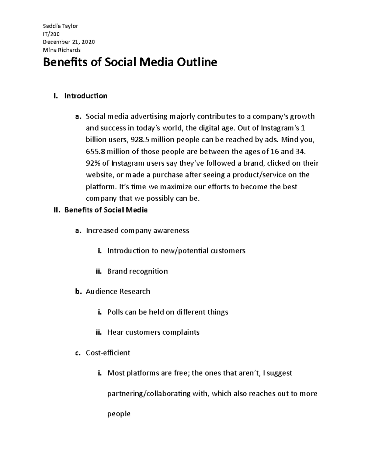 Benefits of Social Media Outline - Saddie Taylor IT/ December 21, 2020 ...