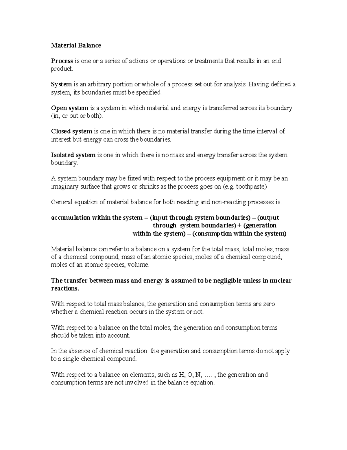 Material balance summary sheet 2 - Material Balance Process is one or a ...