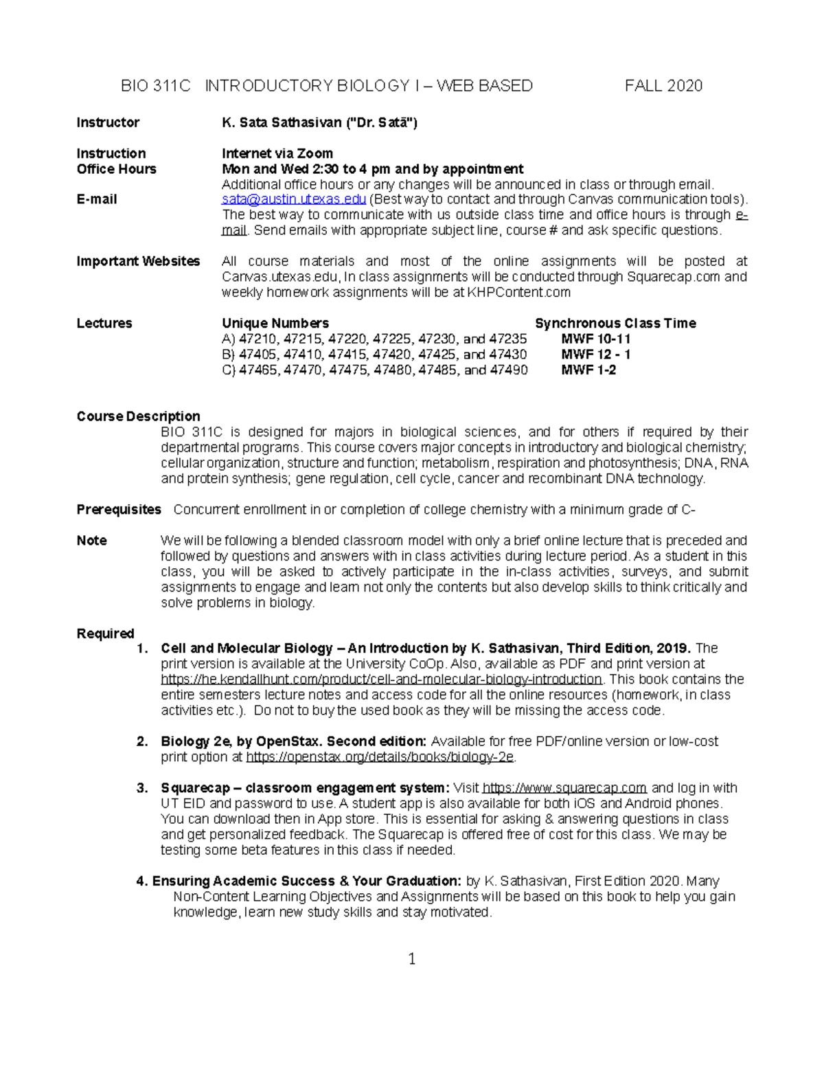 BIO311c-Syllabus-V2-K.Sathasivan-Fall 2020 - Warning: TT: undefined function: 32 Instructor K ...