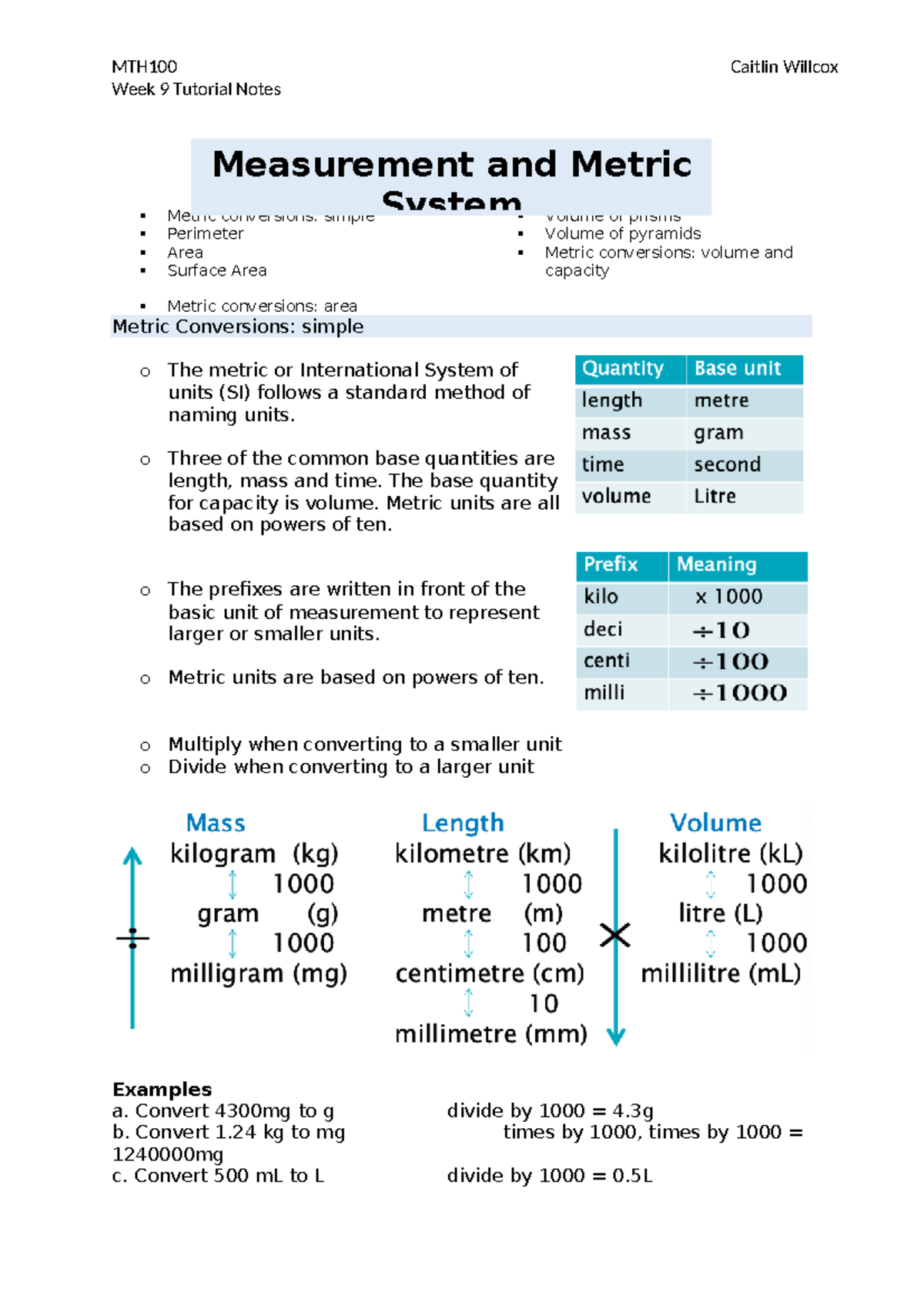 Week 9 Tutorial Notes - Week 9 Tutorial Notes Metric conversions ...