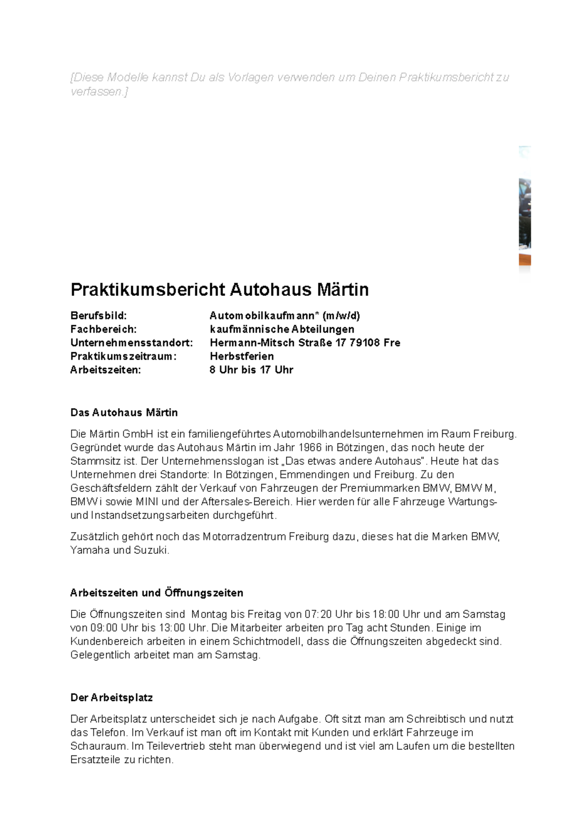 Vorlage-Praktikumsbericht - [Diese Modelle kannst Du als Vorlagen verwenden um Deinen - Studocu
