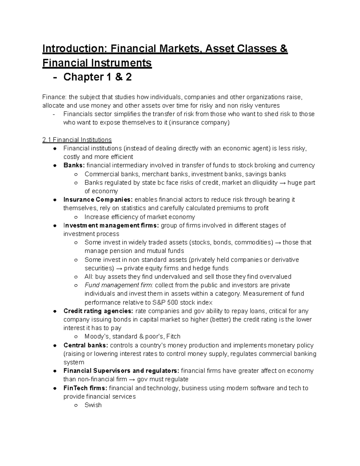 Financal Econ Notes - Introduction: Financial Markets, Asset Classes ...