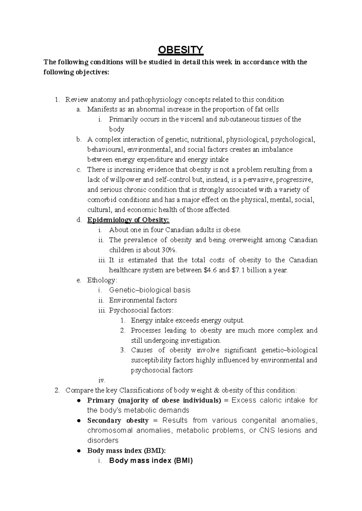 Theory - OBESITY The following conditions will be studied in detail ...
