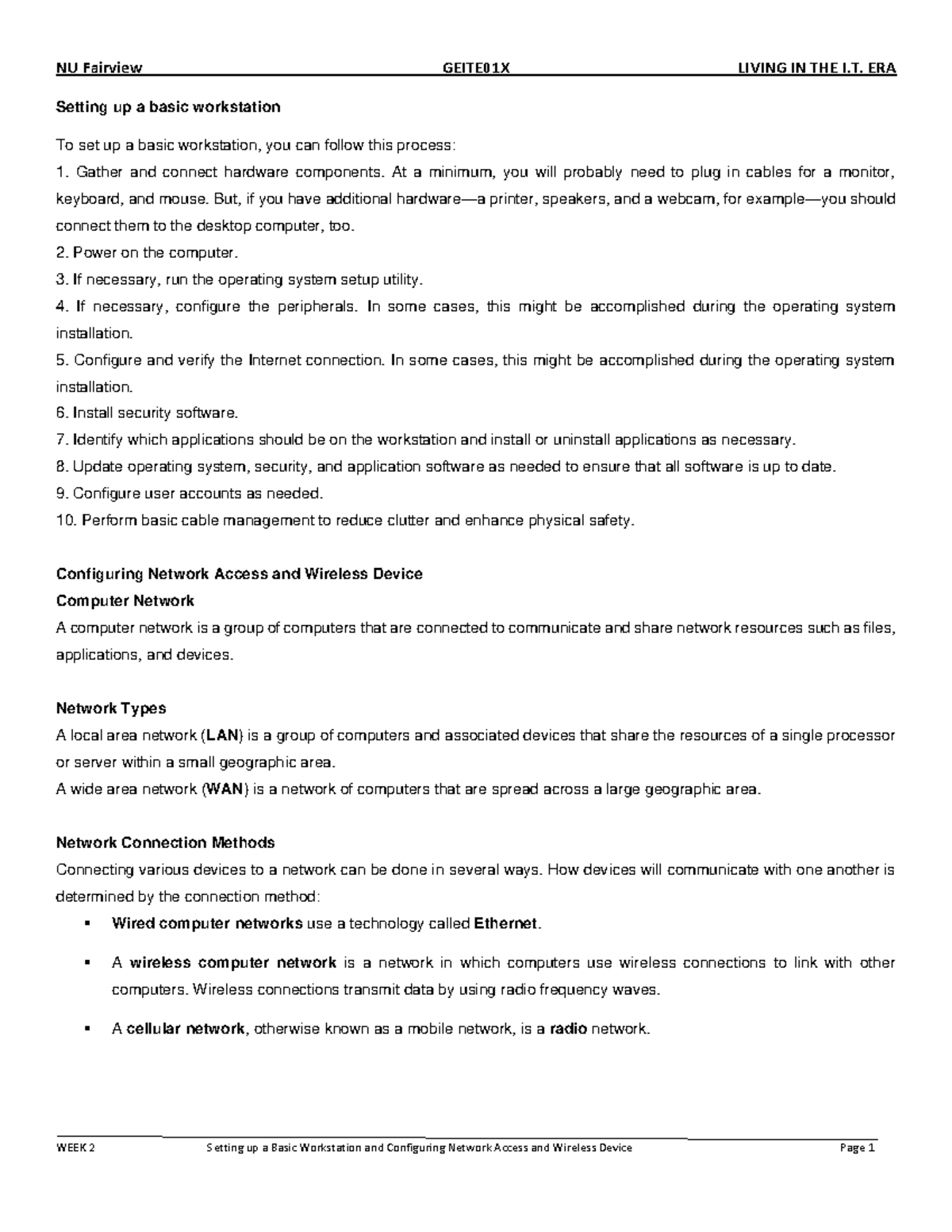 Week2II Handouts - NU Fairview GEITE01X LIVING IN THE I. ERA WEEK 2 Setting up a Basic ...