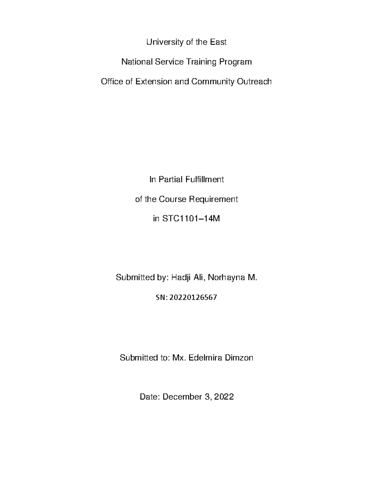 Hadji ALI 14M Narrative Report - University of the East National ...