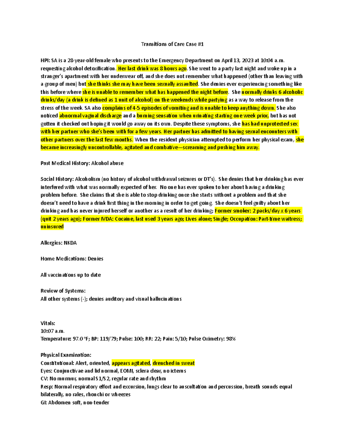 AWS case - case study example for my group - Transitions of Care Case ...