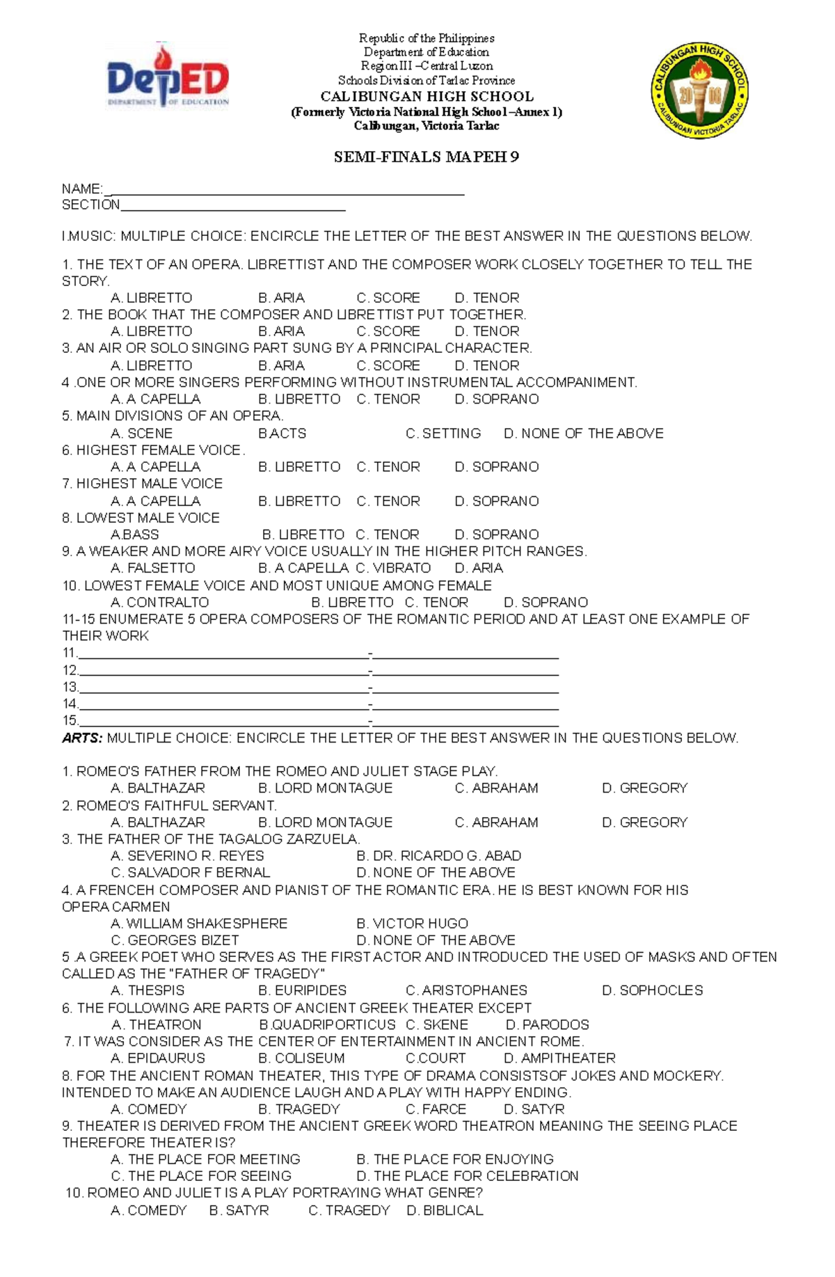 Mapeh 9 4th quarter exam - Republic of the Philippines Department of ...