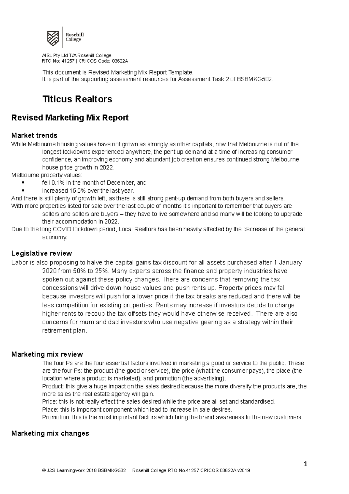 Bsbmkg 502 Revised Marketing Mix Report Template - AISL Pty Ltd T/A ...