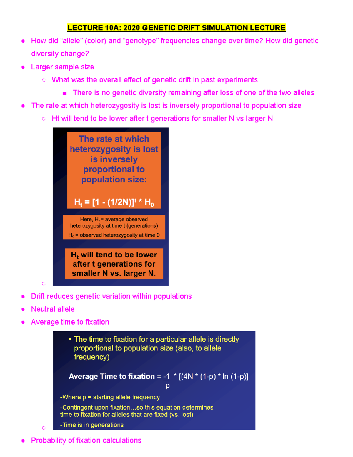 ENVS 326 Lecture 10A and 10B Notes - LECTURE 10A: 2020 GENETIC DRIFT ...